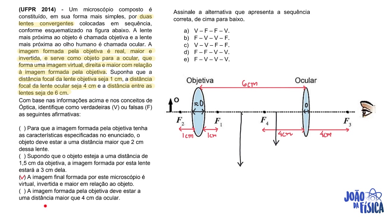 UFPR 2014 - Óptica - Um microscópio composto é constituído em sua forma ...
