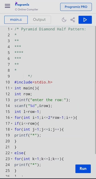 Pyramid Diamond Half Pattern in C Language - YouTube