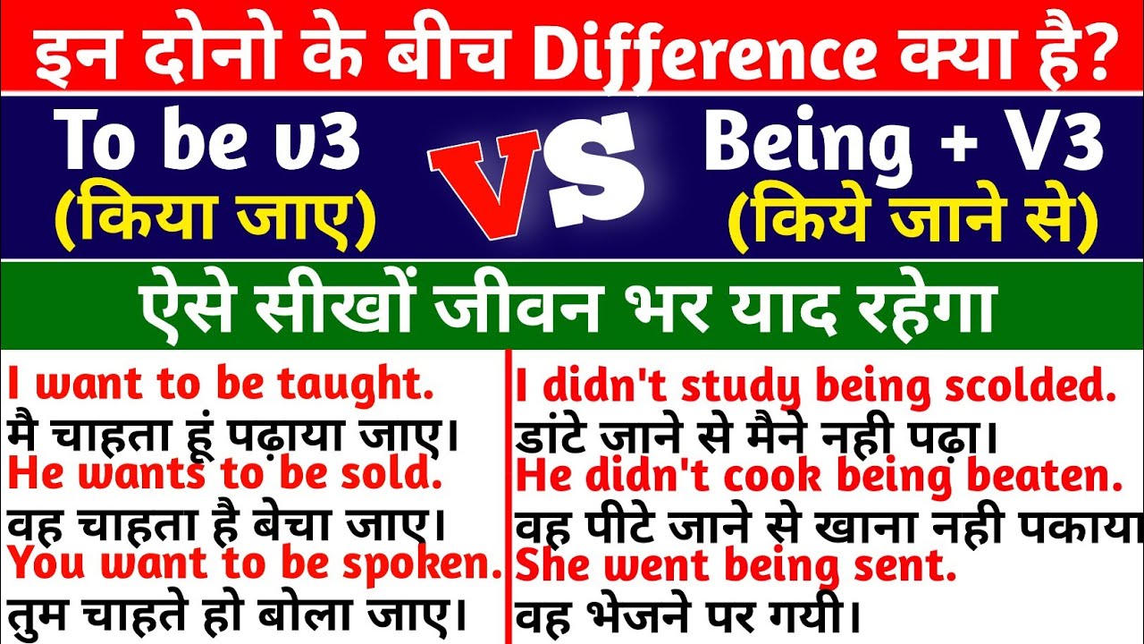 किया जाना - Being + V3 or To be + V3 | Difference between To be V3 ...
