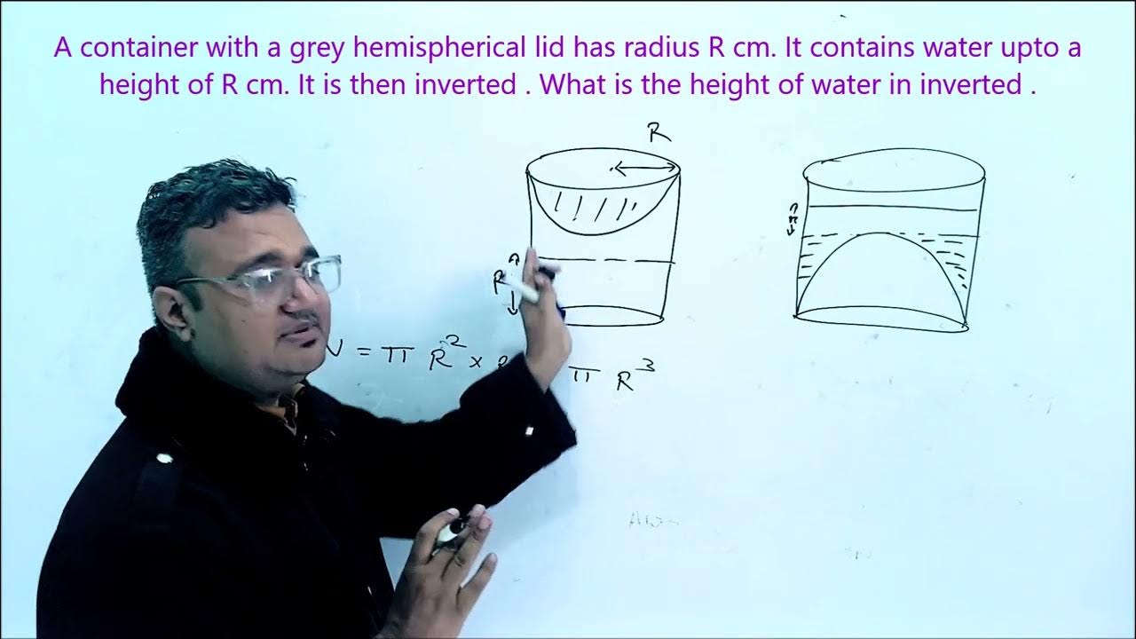 A container with a grey hemispherical lid has radius R cm. It contains water upto a height of R ...
