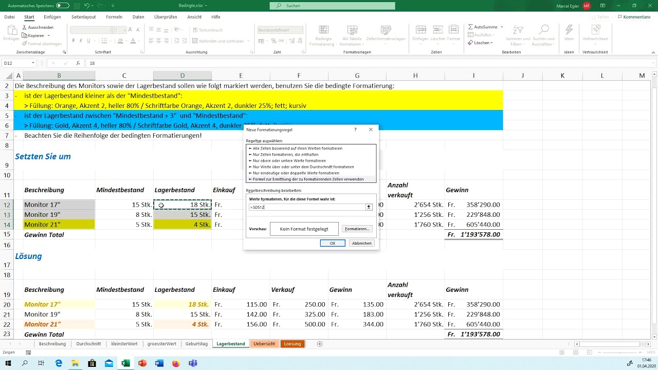 Excel bedingte Formatierung Lagerbestand - YouTube