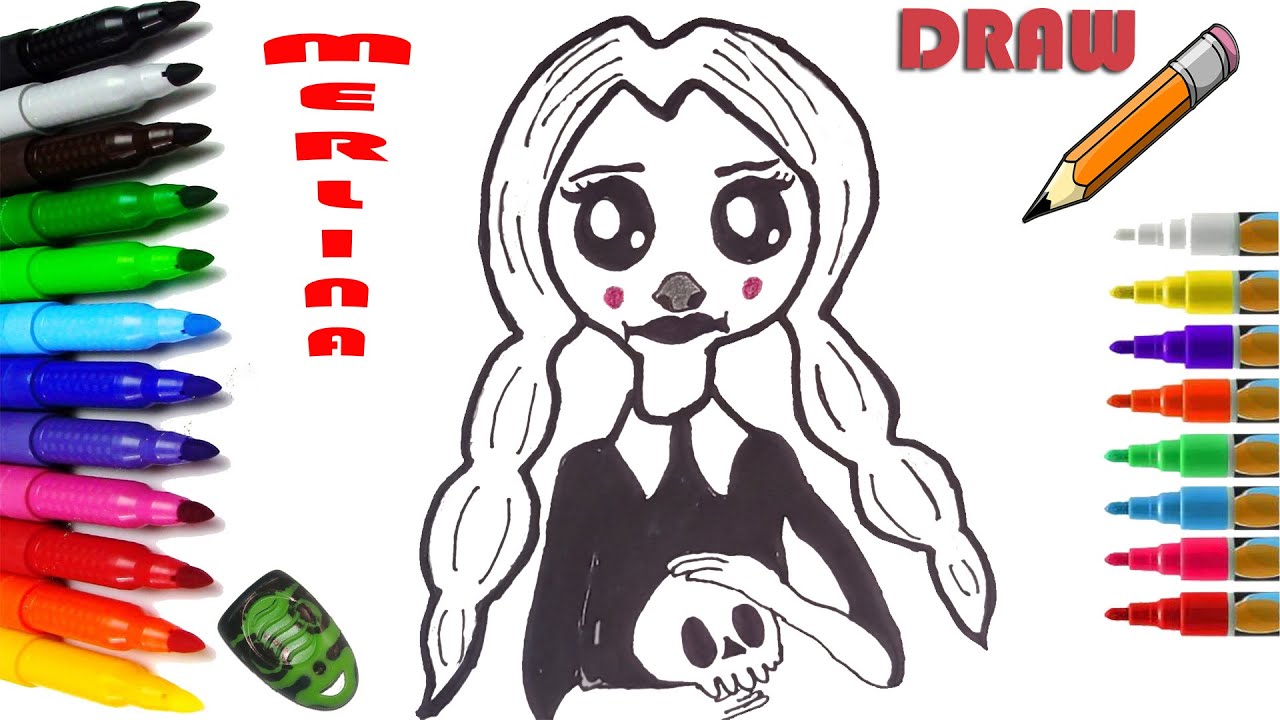 Draw And Color Merlina Addams Kawaii Drawings For Kids - YouTube
