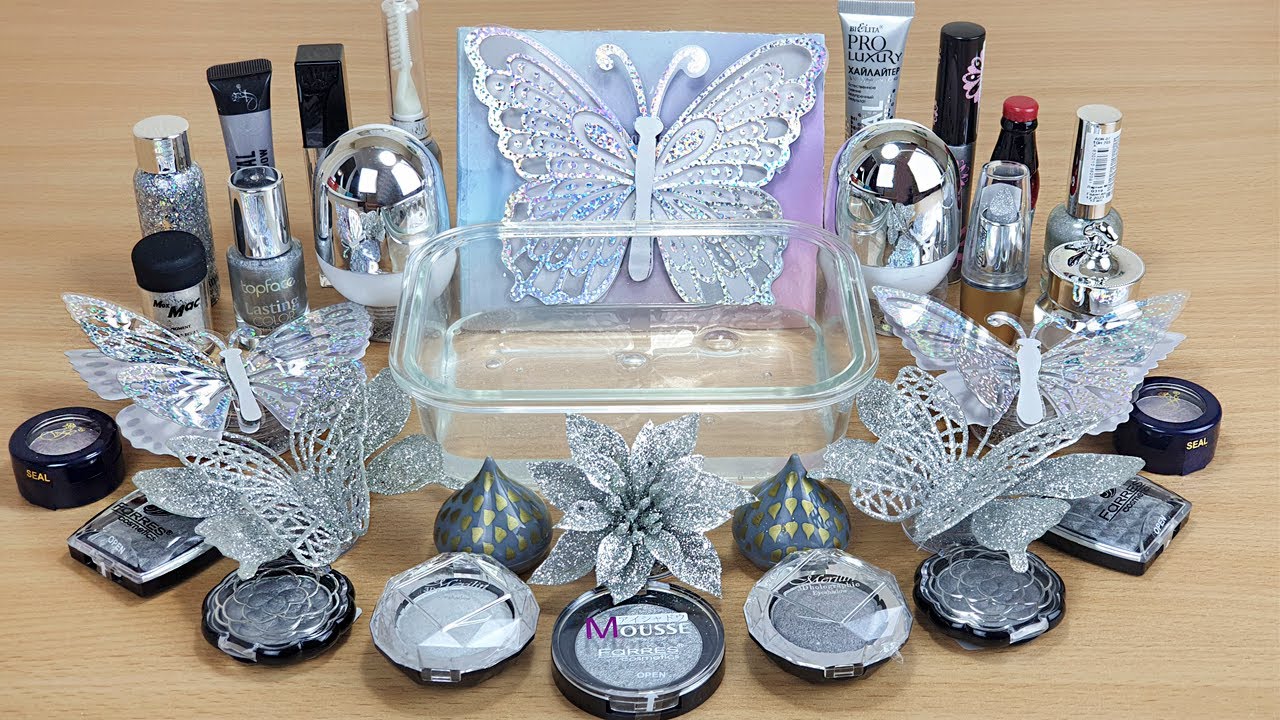 SILVER BUTTERFLY SLIME Mixing makeup and glitter into Clear Slime ...