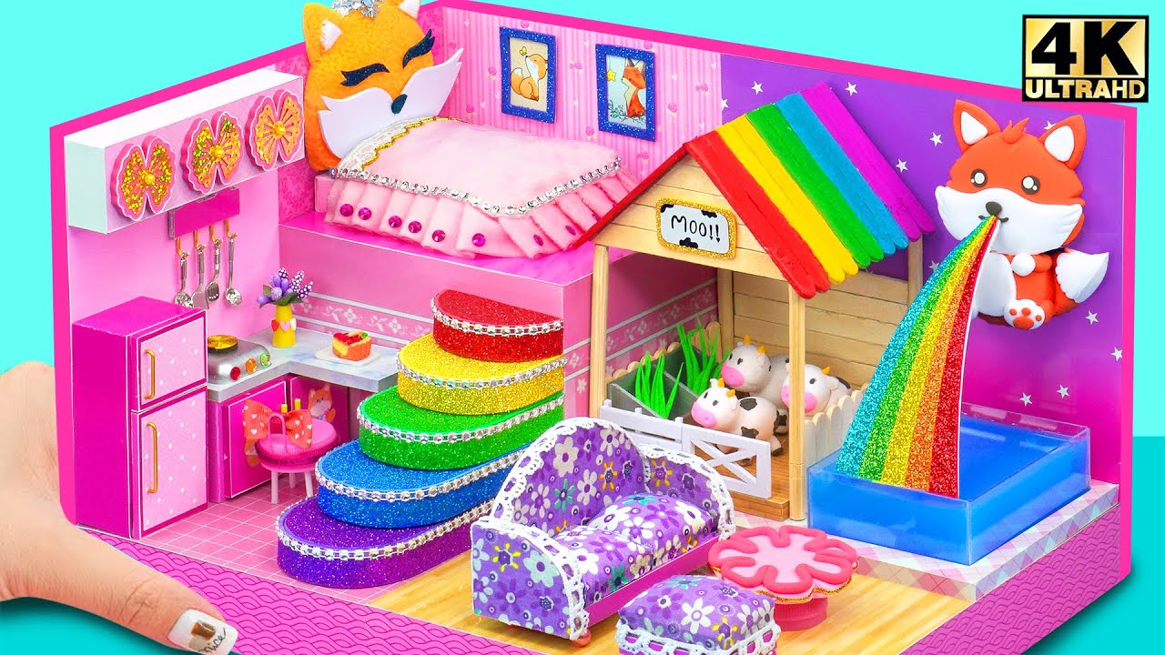 Make Pink Miniature Fox House with 4 Amazing Rooms from Cardboard for ...