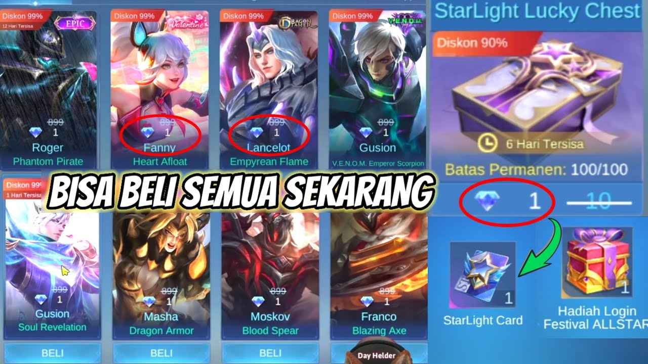 SEKARANG UDAH BISA BELI SEMUA SKIN 1 DIAMOND, STARLIGHT 1 DM, SEMUA NYA ...