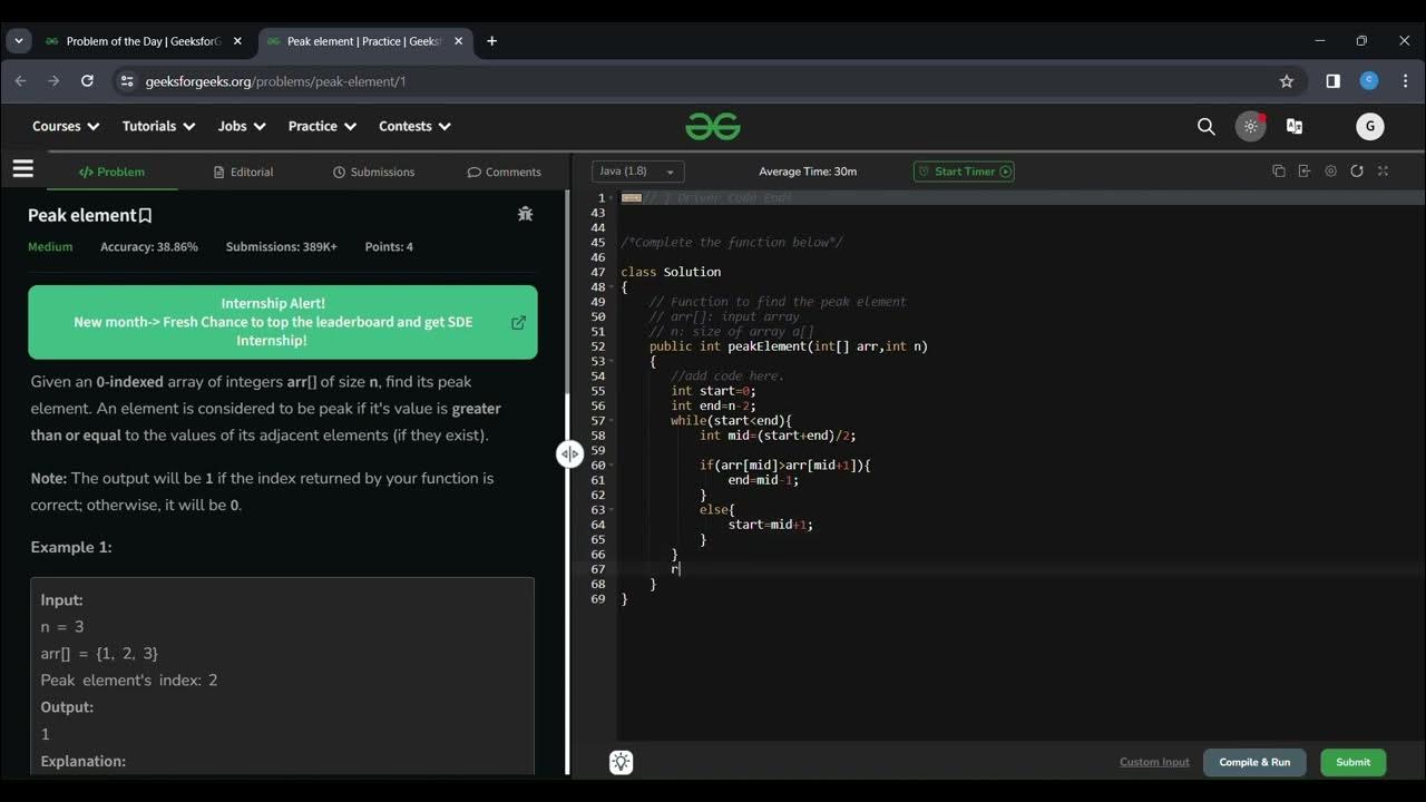 Peak element | 01-03-2024 | GFG | POTD | JAVA | GreeksforGreeks - YouTube