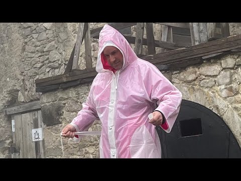 REGENPAAR-PINK+WHITE  PVC RAINCOAT/BLACK WELLIES