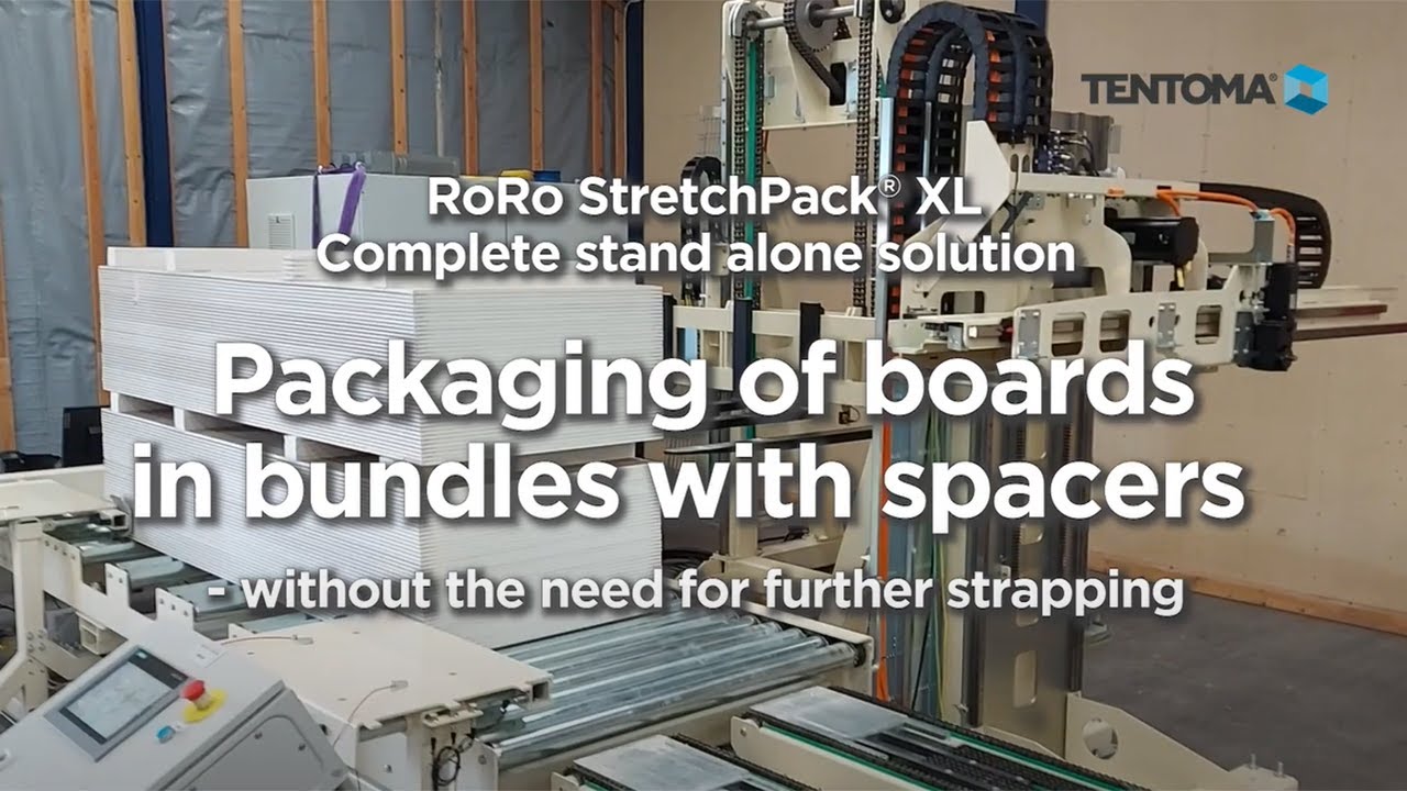 Packaging machine for plasterboards in bundles with spacers - YouTube