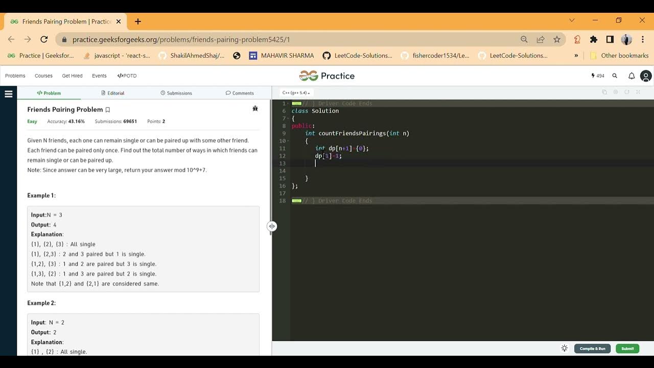 Friends Pairing Problem Practice | GFG | C++ | O(n) - YouTube