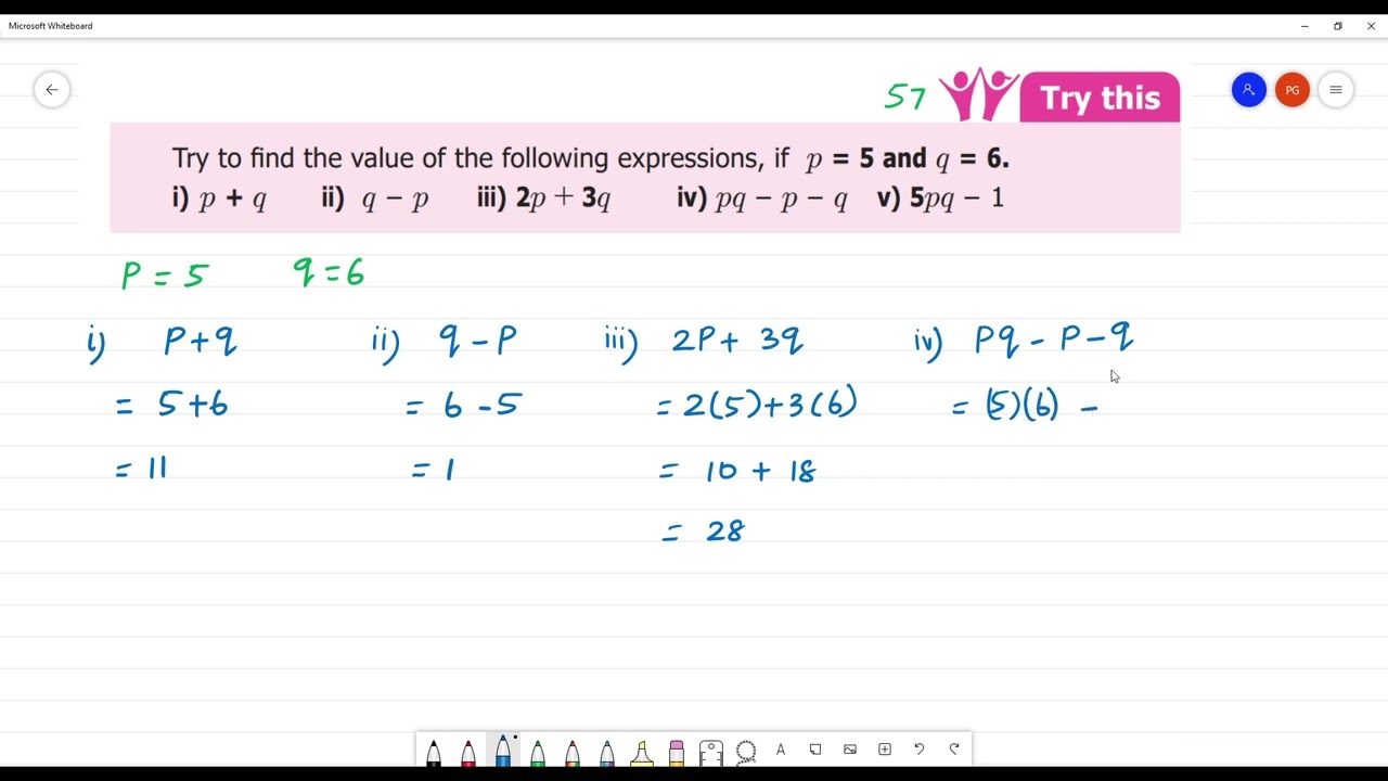 Term I 3.ALGEBRA Try these Pg No 57 Try to find the value of the ...