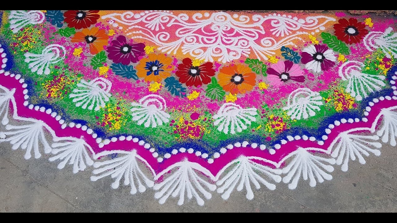 Half circle rangoli design How to draw big rangoli in few minutes - YouTube