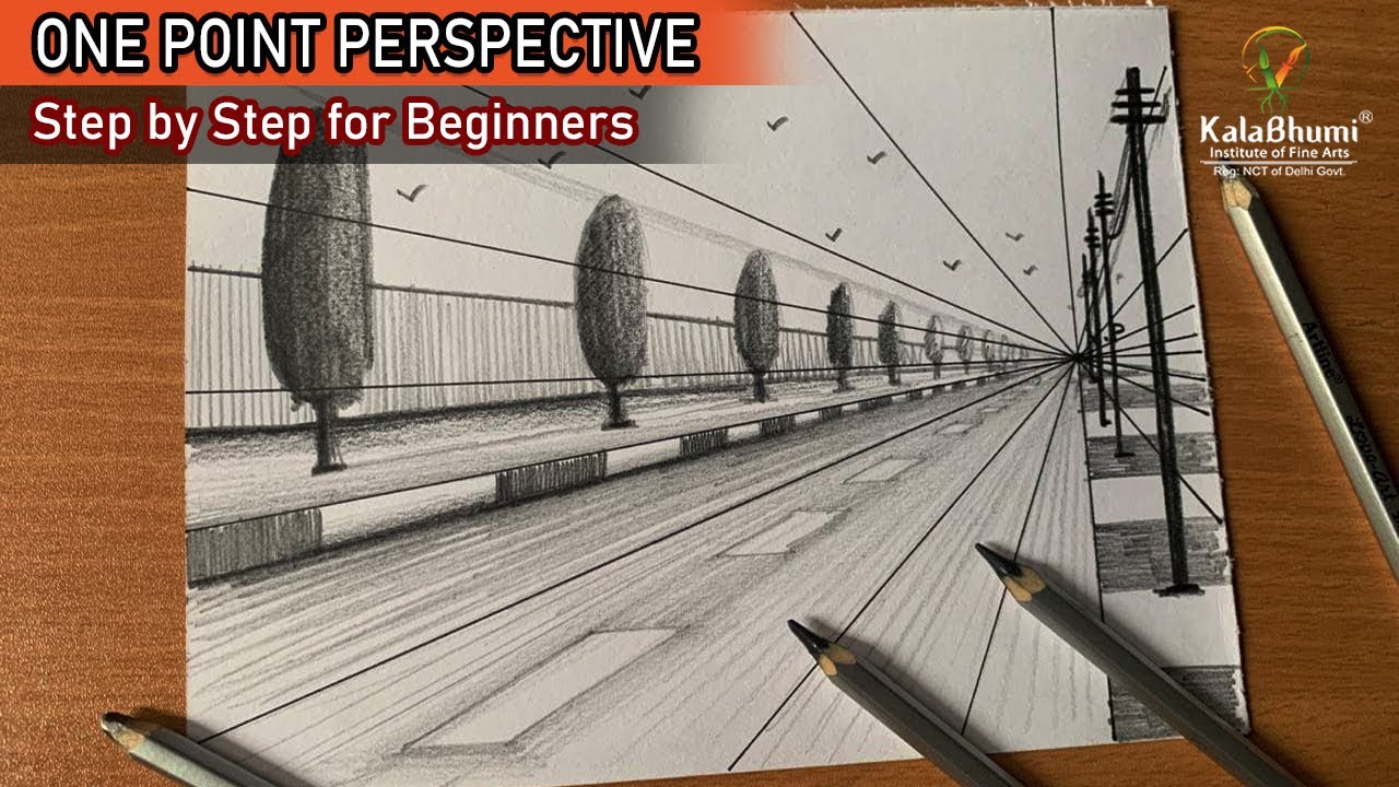 One Point Perspective City Road. How to Draw a road tree with light ...