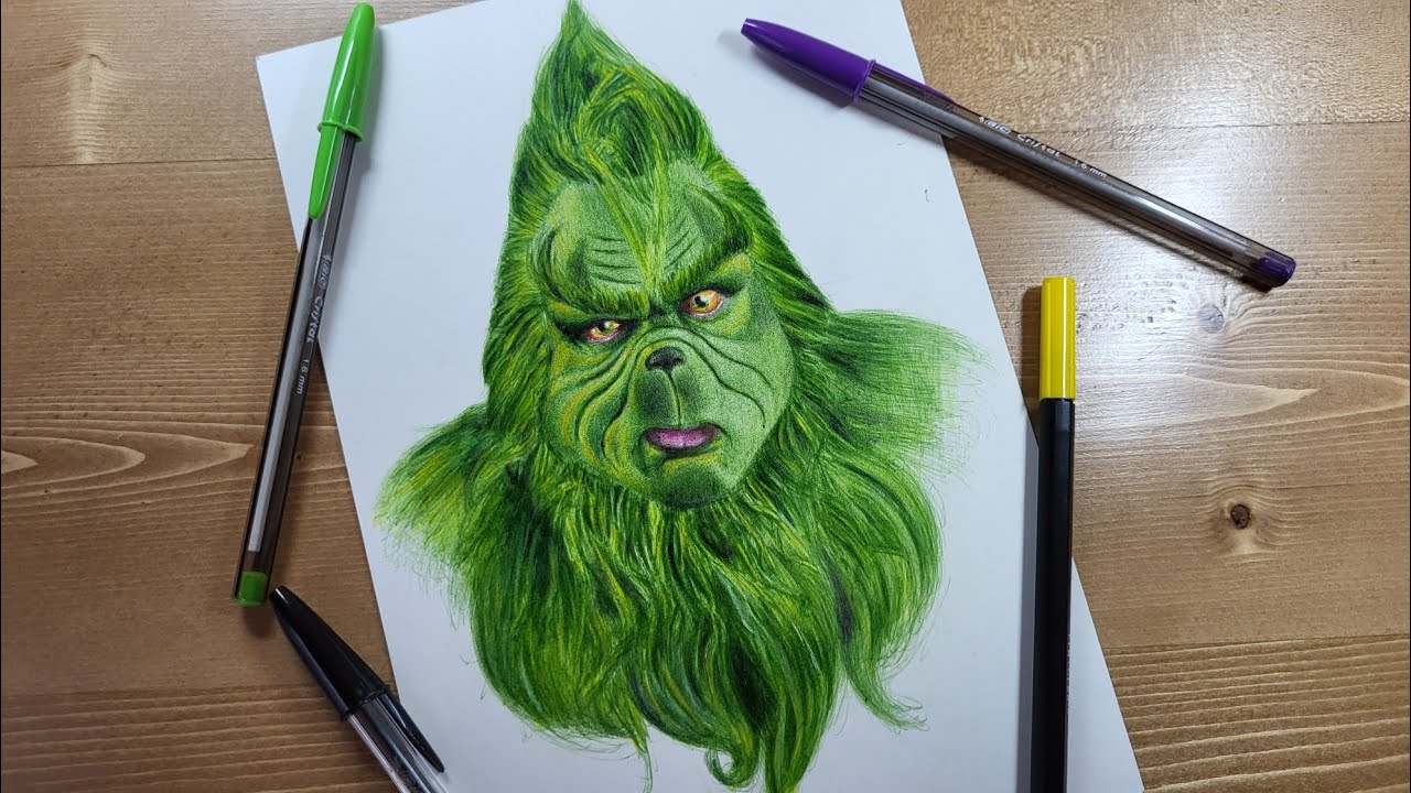 Drawing The Grinch (Jim Carrey) With Ball Point Pen | KIENZAN ART - YouTube