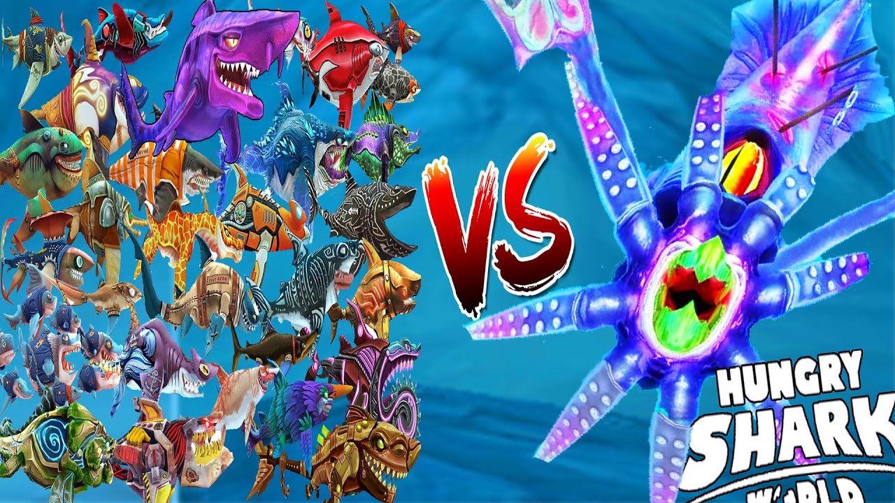 Hungry Shark World - ALL Sharks & Skins Unlocked VS Giant Squid Boss ...