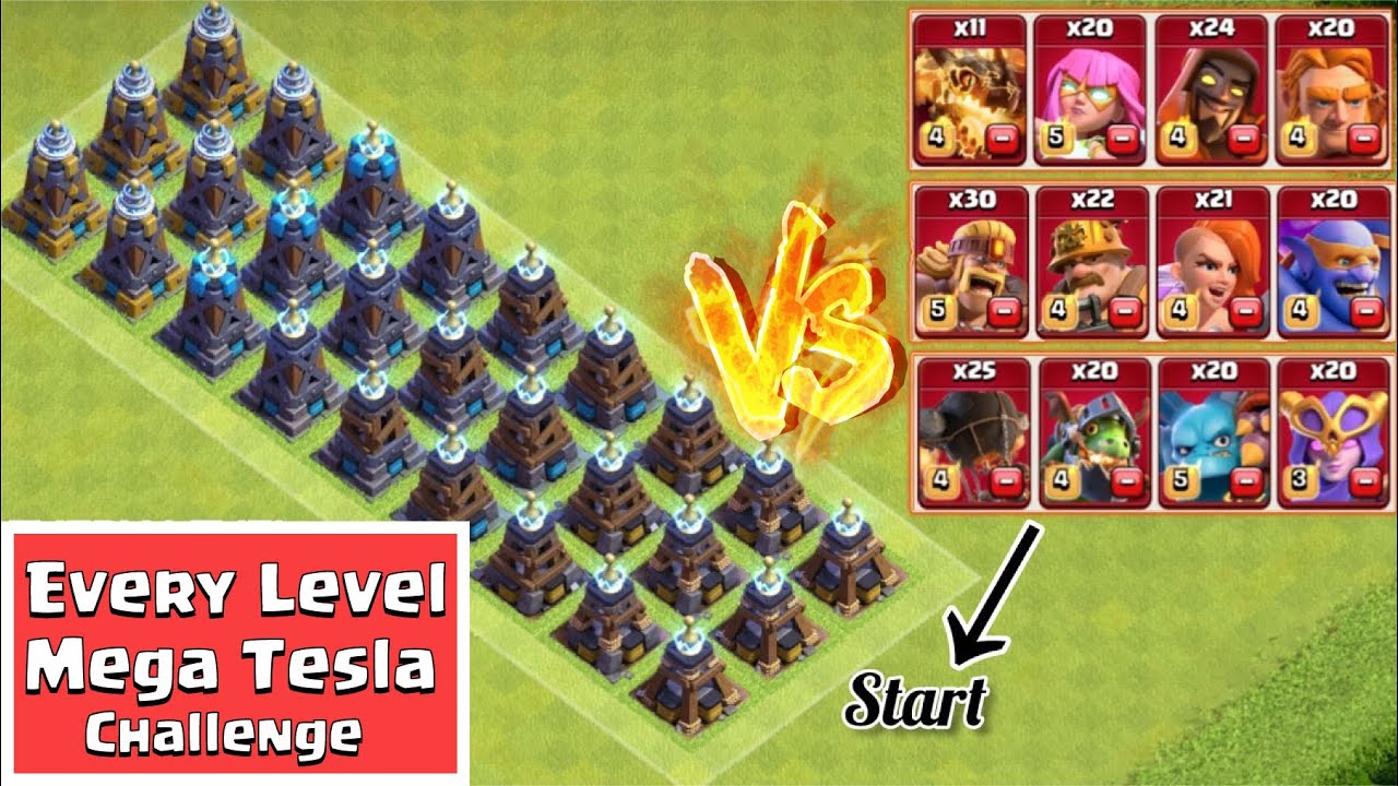 Every Level Mega Tesla Vs All Super Troops Clash Of Clans // Clash War ...