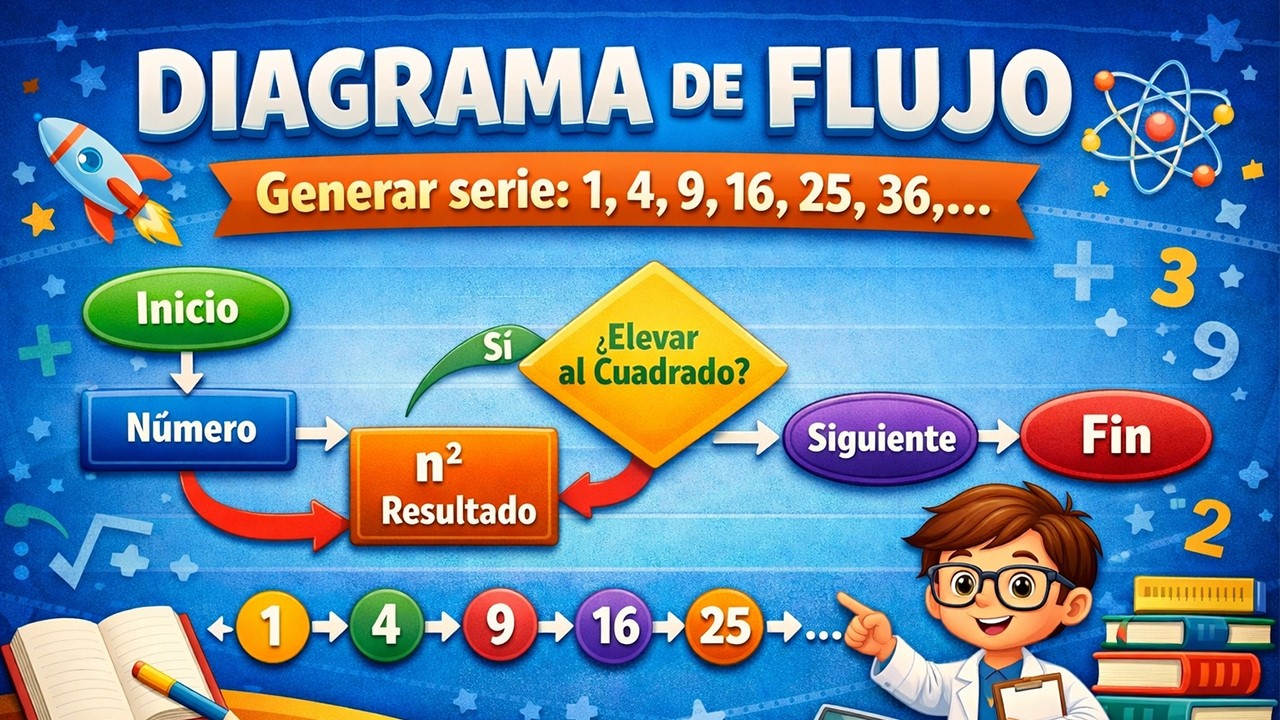 Diagrama de Flujo: Generar serie: 1,4,9,16,25,36,... - YouTube
