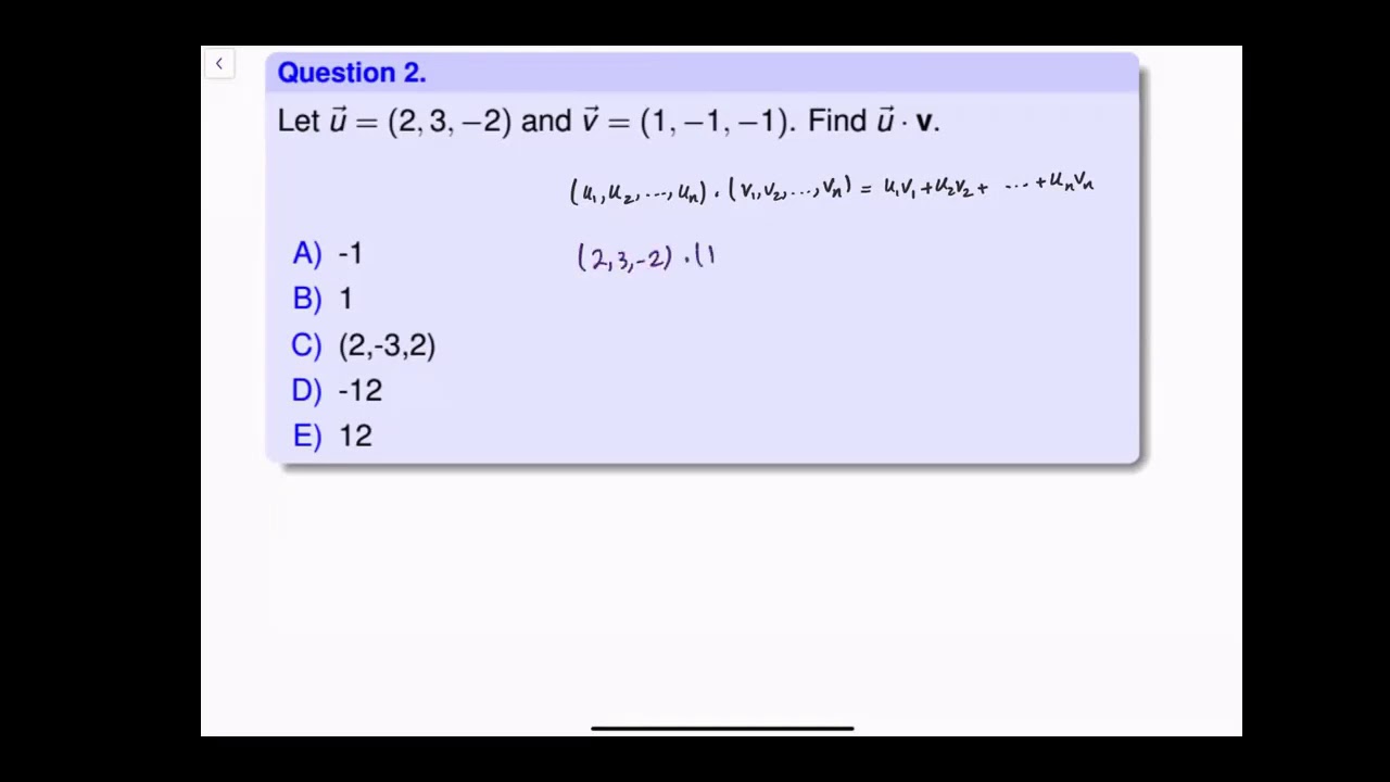 Labtube-(Math 1229)-Test 1 Review: Question 02:-Dot Product - YouTube
