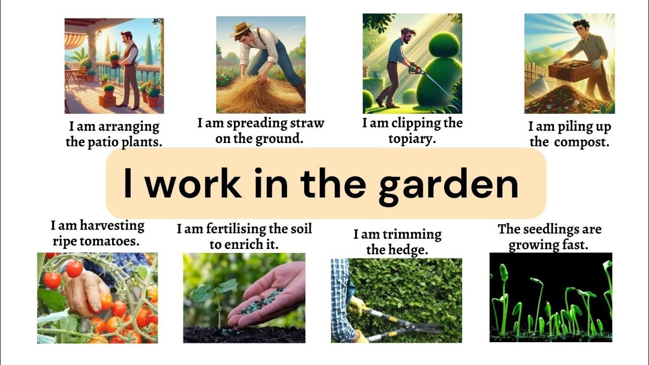Working in Garden Sentences | Action Verbs | English Vocabulary ...