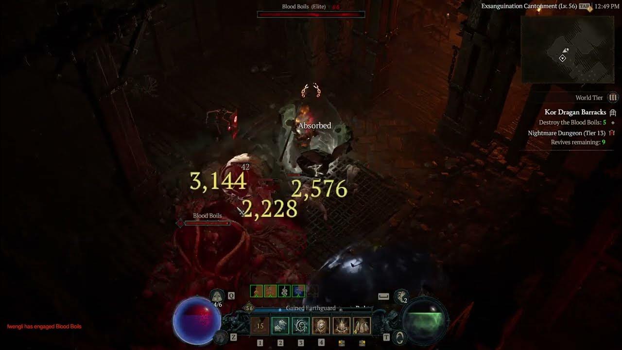 Diablo IV Lv. 56 crit companion druid pve Nightmare Dungeon (Tier 13) Kor Dragan Barracks - YouTube