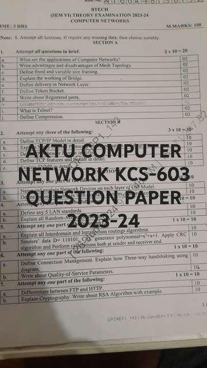 AKTU Computer Networks 2023-24 (KCS-603)|| Previous Year Paper#pyq # ...
