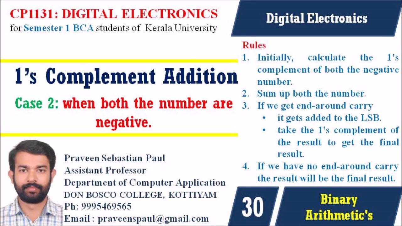 DIGITAL ELECTRONICS – LECTURE 30 – 1’S COMPLEMENTADDITION (BOTH NUMBERS ...