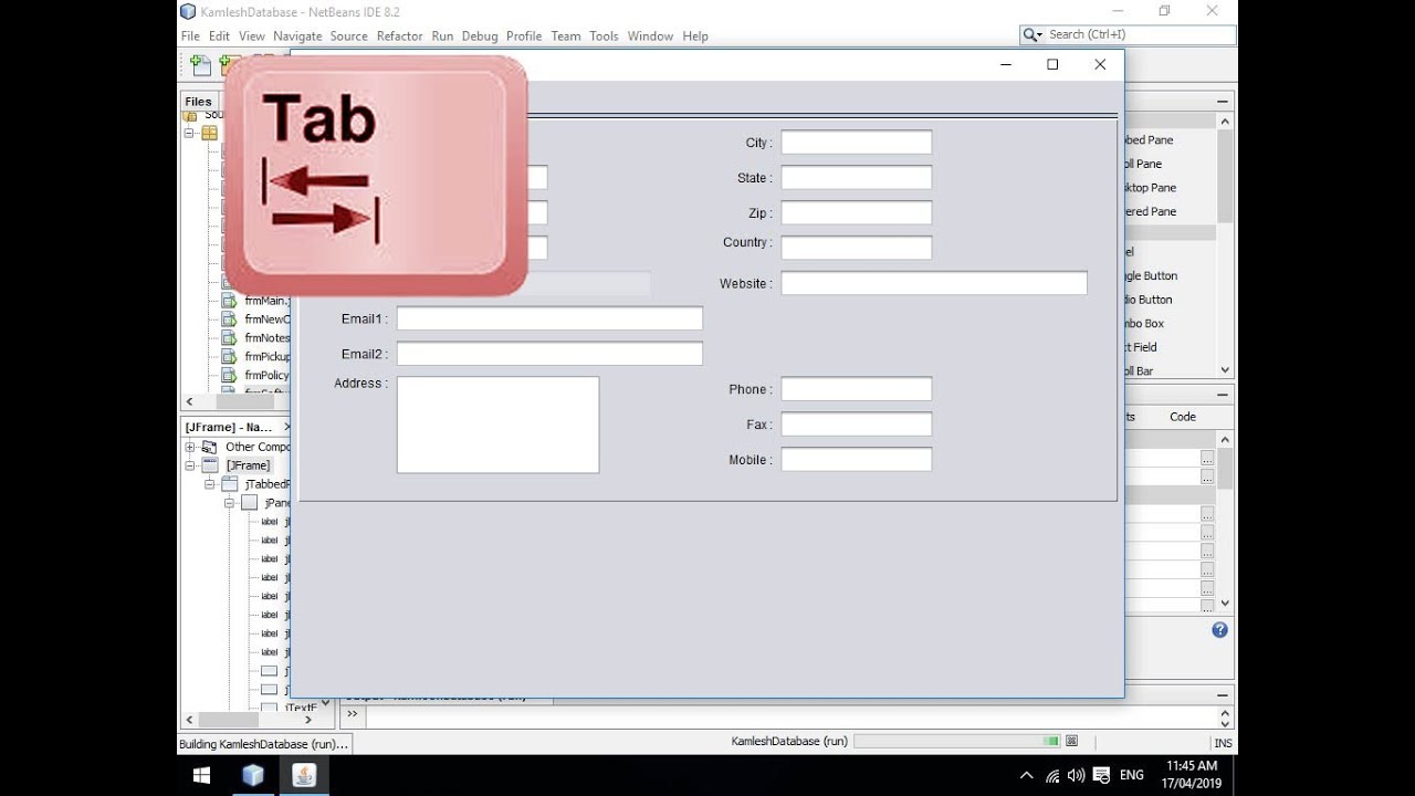 Netbeans Jframe Set Tab Jtextfield Youtube
