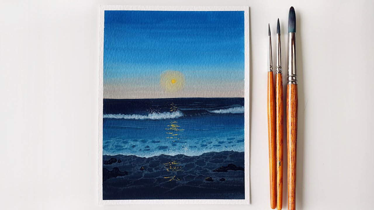 Seascape Beach Painting with Poster Color - YouTube