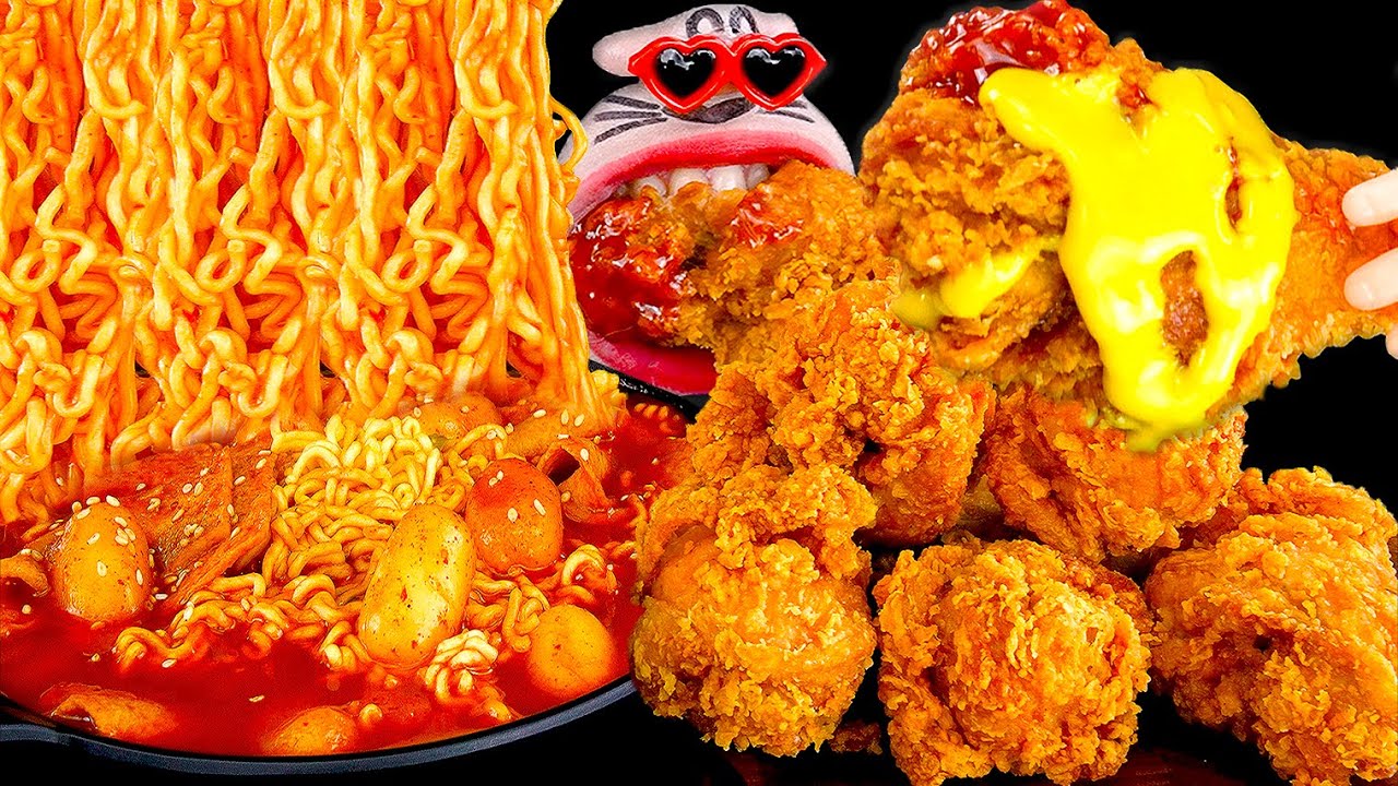 Spicy Cheese Tteokbokki Noodles, Crispy Fried Chicken! | REALMOUTH's ASMR MUKBANG - YouTube