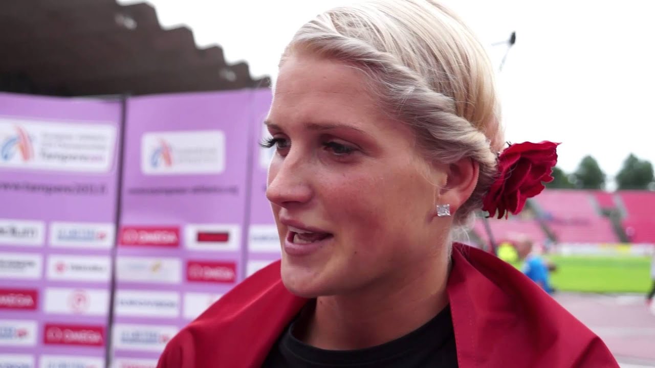 Lina Muze (LAT) after winning the Javelin Throw, Tampere 2013 - YouTube