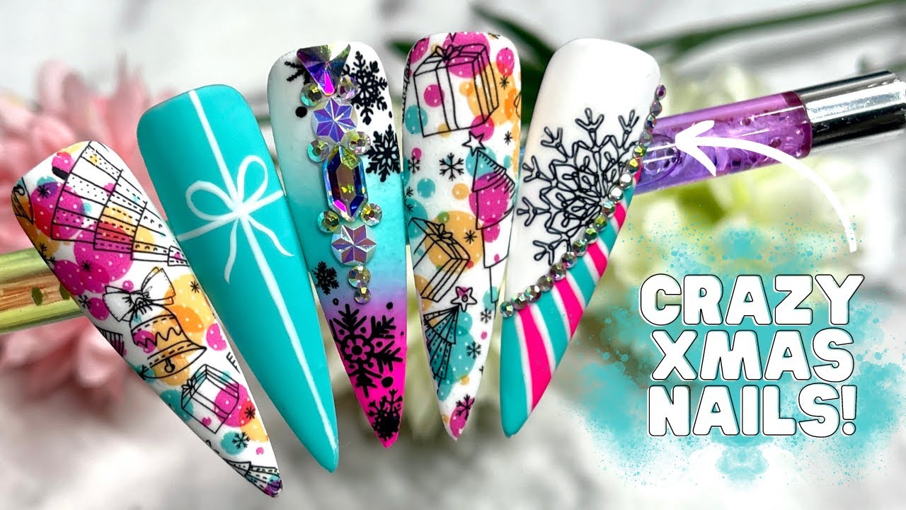 CRAZY COLOURFUL CHRISTMAS NAILS| TRANSFER FOIL NAIL DESIGN| PRESENT ...