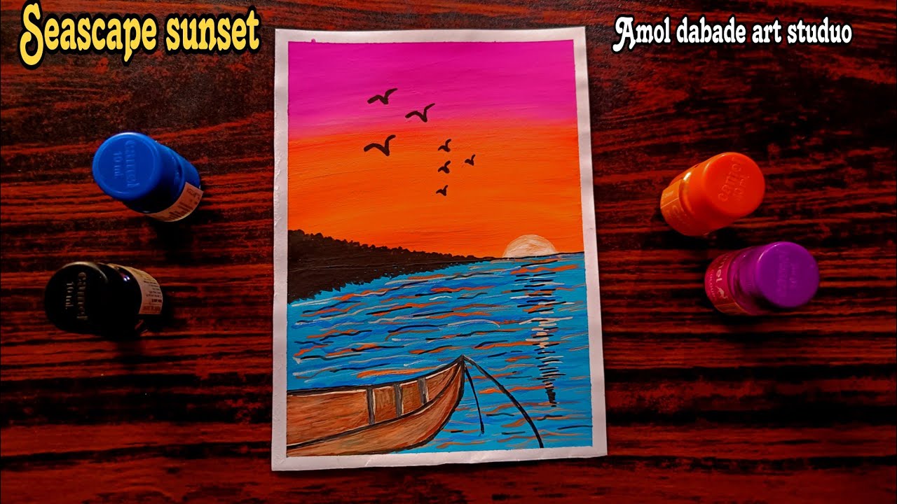 How to draw easy sea shore painting for beginners with easy technics ...