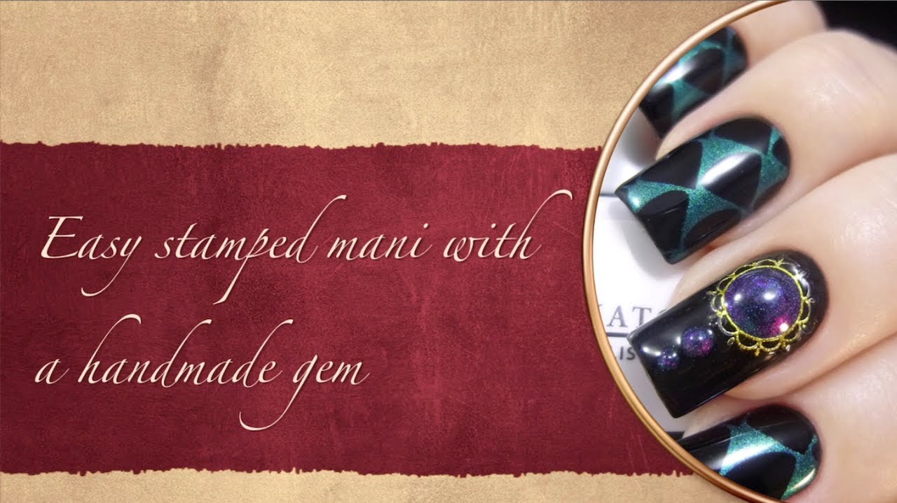 Weekly Mani: Easy Black Stamped Mani with Handmade Gem - YouTube