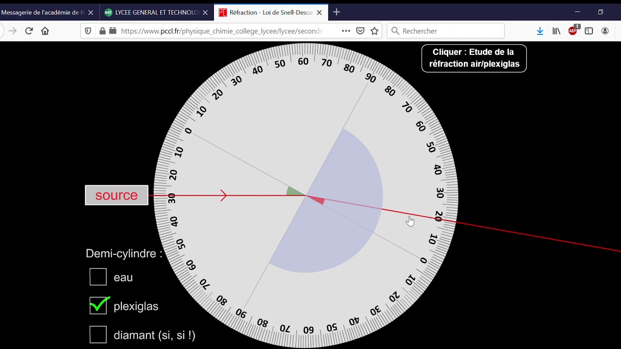 Refraction Mesure des angles i1 et i2 - YouTube
