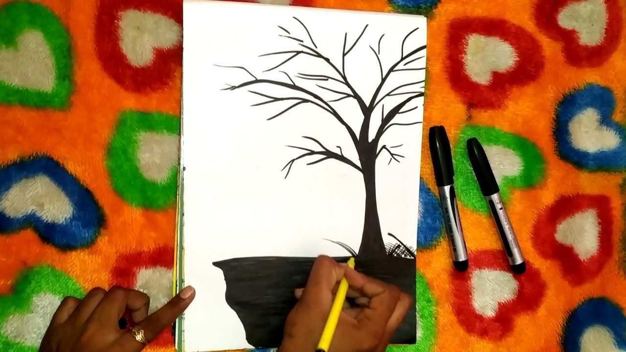 Nature Sketch with Marker || Black Marker Drawing || Night scenery ...