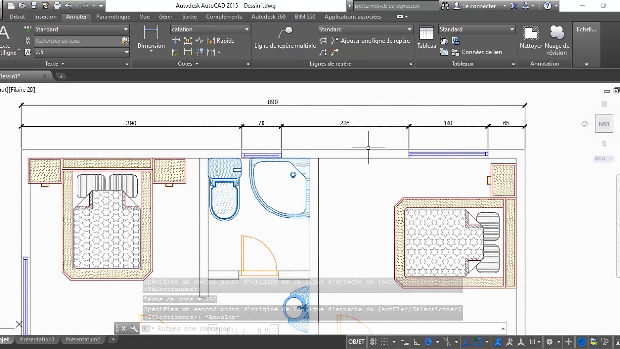 Autocad 2D leçon9 plan maison (cotation) - YouTube