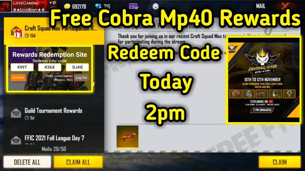 free cobra mp40 redeem code free rewards in free fire tamil | love ...