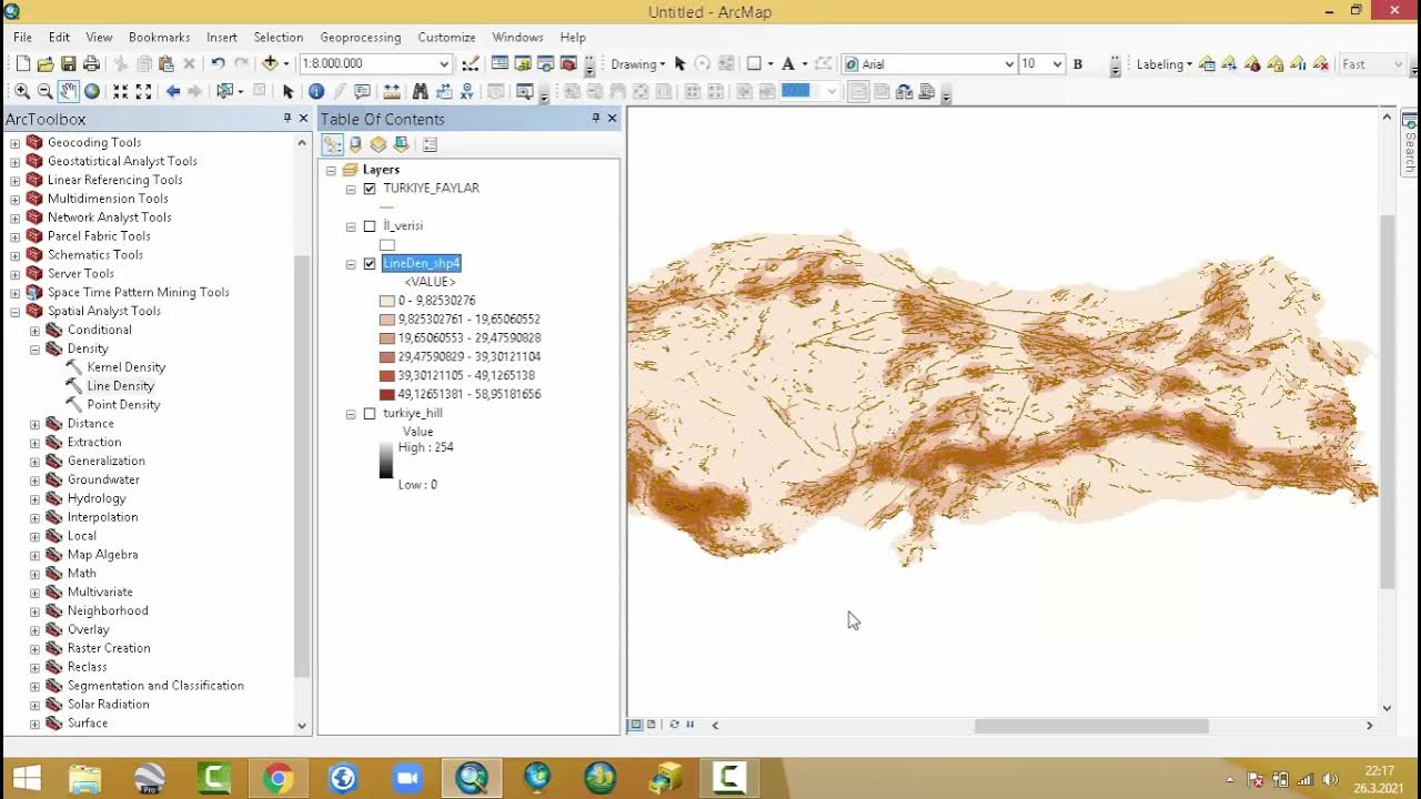 ArcGIS 10.8 de (LİNE DENSİTY) metodu ile Türkiye Fay Hattı Yoğunluğu ...