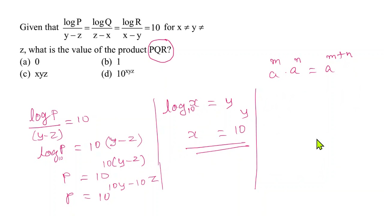 Given that log P/(y-z) = log Q/(z-x) = log R/(x-y) = 10. What is P.Q.R ...