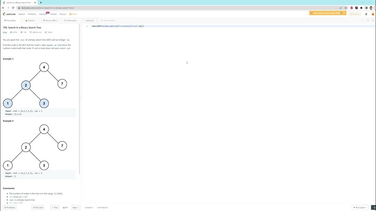 700 Search In A Binary Search Tree Javascript One Line Youtube