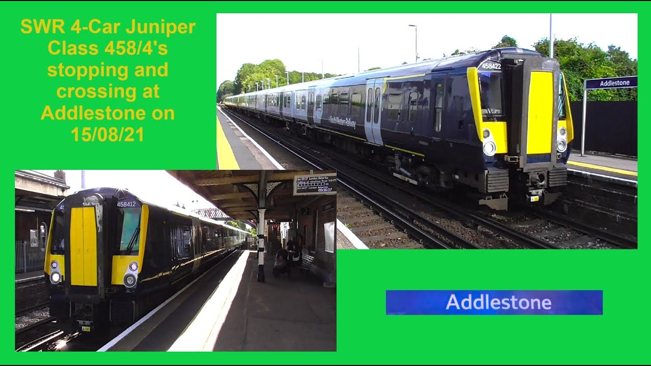 SWR 4-Car Juniper Class 458/4's stopping and crossing at Addlestone on ...