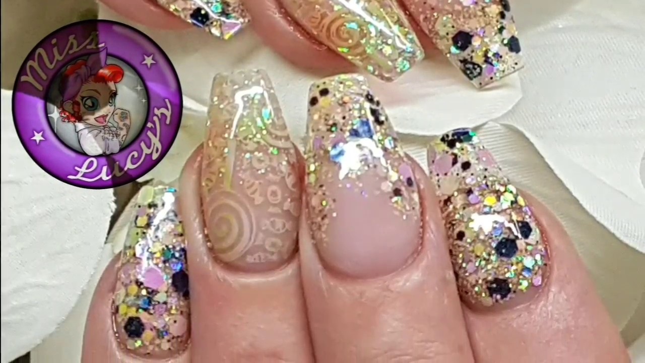 Embedded Glitter & Marble Stamping Acrylic Nails - YouTube