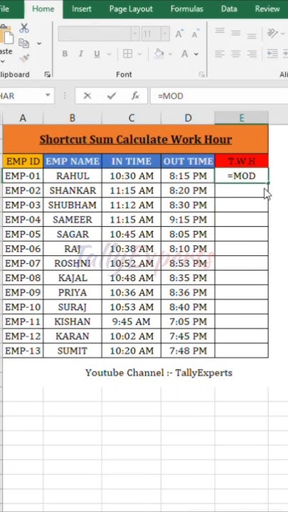 How to Calculate Working Hours Use MOD Function in MS Excel #microsoft #excel #shorts # ...