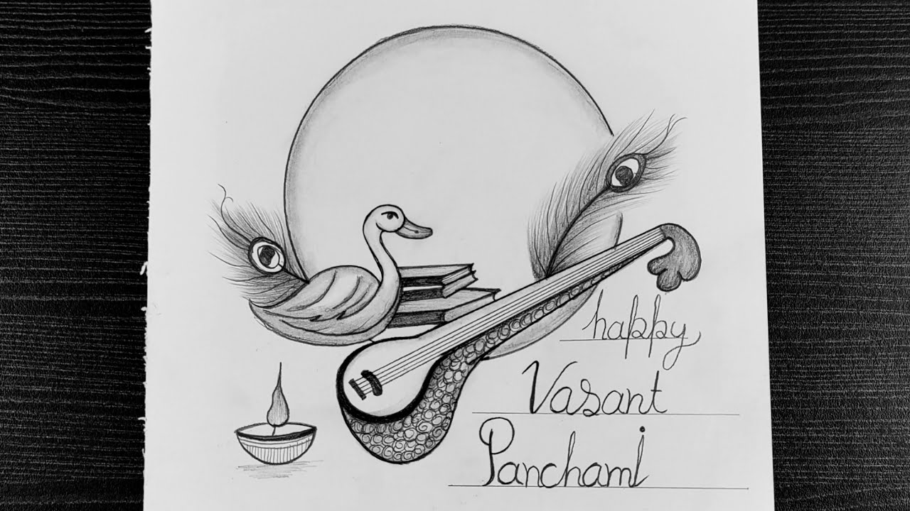 Happy Basant Panchami Drawing // Veena Drawing Easy // Pencil Drawing ...