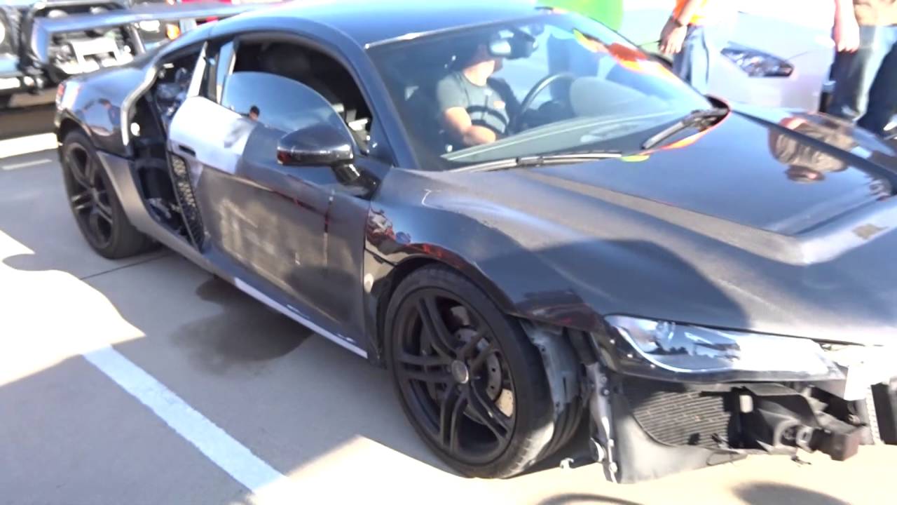 DESTROYED AUDI R8 ARRIVES AT CARS & COFFEE - YouTube