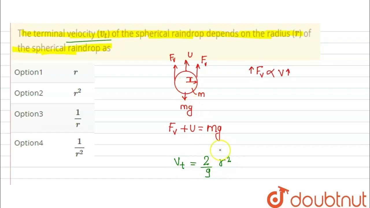 The terminal velocity (v_t) of the spherical raindrop depends on the ...