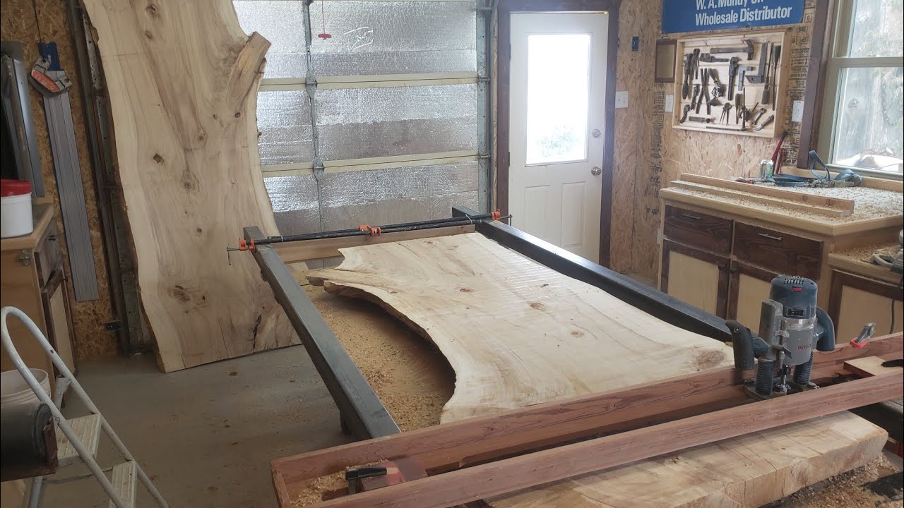leveling the live edge slab wood table top. Gonna be pretty! - YouTube