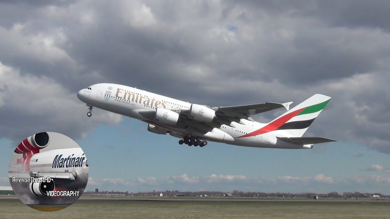 Emirates A380 beautiful take-off at schiphol airport! - YouTube