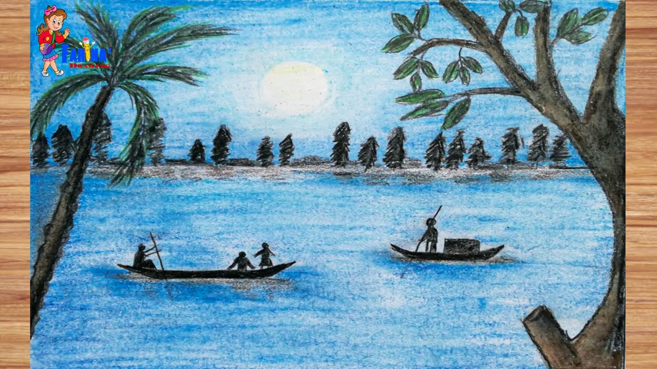 How To Draw Moonlight Scenery || How to paint a scene of moonlit night ...