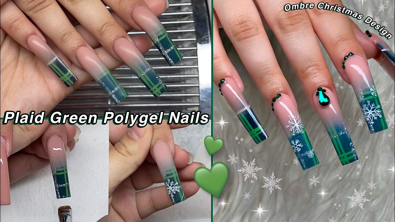 PLAID GREEN POLYGEL NAILS💚 HOW TO OMBRE + CHRISTMAS NAIL DESIGN! | Nail ...