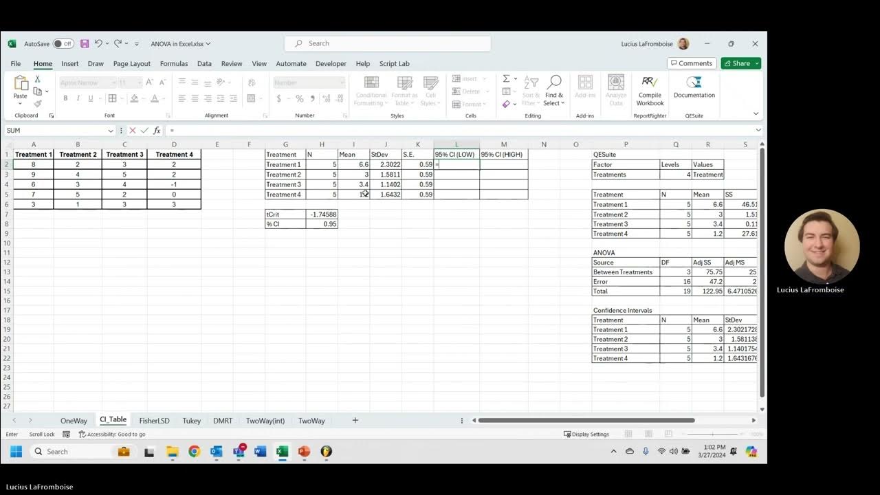 Calculate an ANOVA Confidence Interval Table in Excel by Hand - Engineering Statistics - YouTube